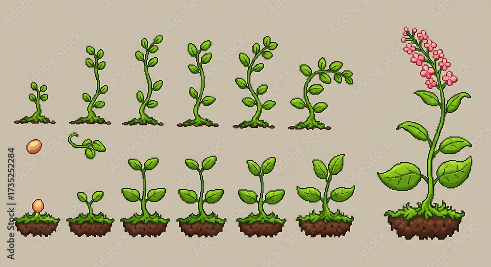 Illustrated Plant Growth Stages from Seed to Bloom. Game Asset ...