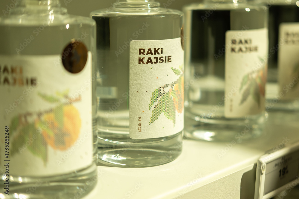 Bottle of Raki Kajsie limited edition spirit with traditional Albanian ...