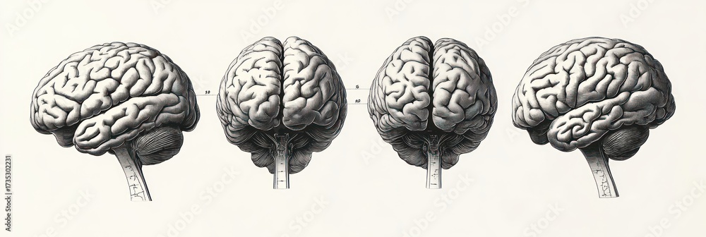 Four detailed grayscale illustrations of a human brain from different ...
