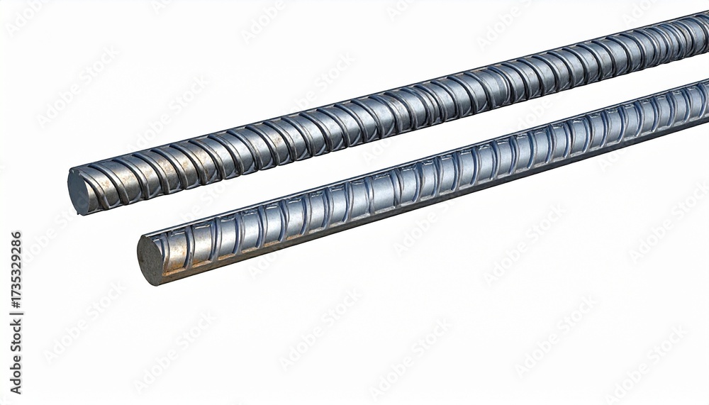 Two ribbed steel reinforcing bars with spiral texture, isolated on ...