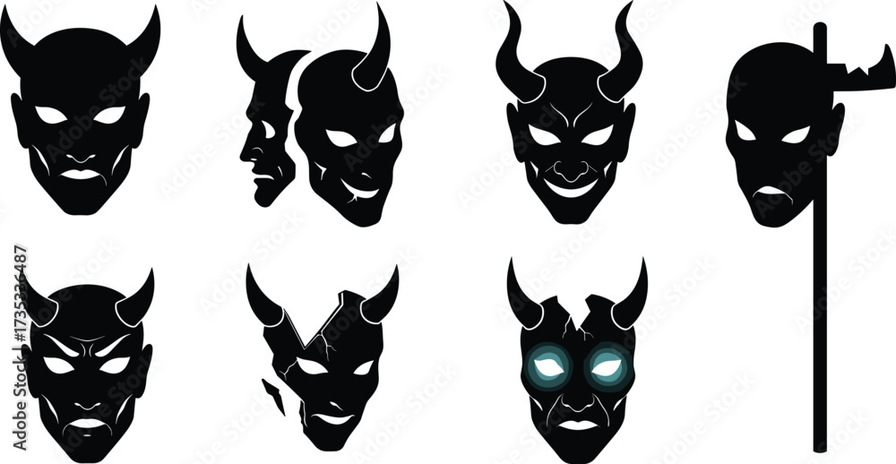 Стоковое векторное изображение «Dark devil demon faces with horns and ...