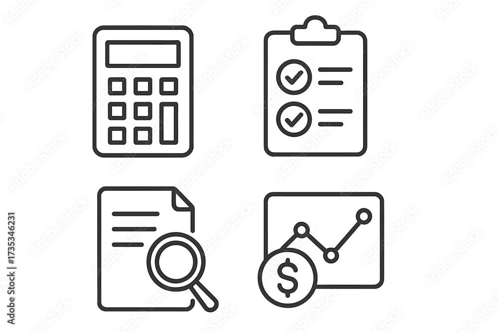 Business assessment and financial analysis icon set. Line art symbols ...