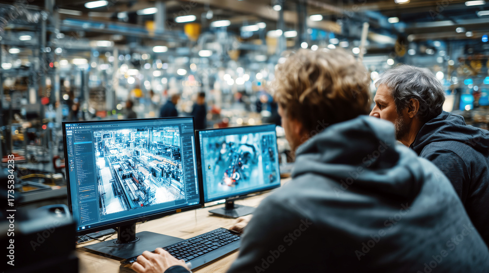 Engineers Monitoring Production Process on Dual Screens in Modern ...