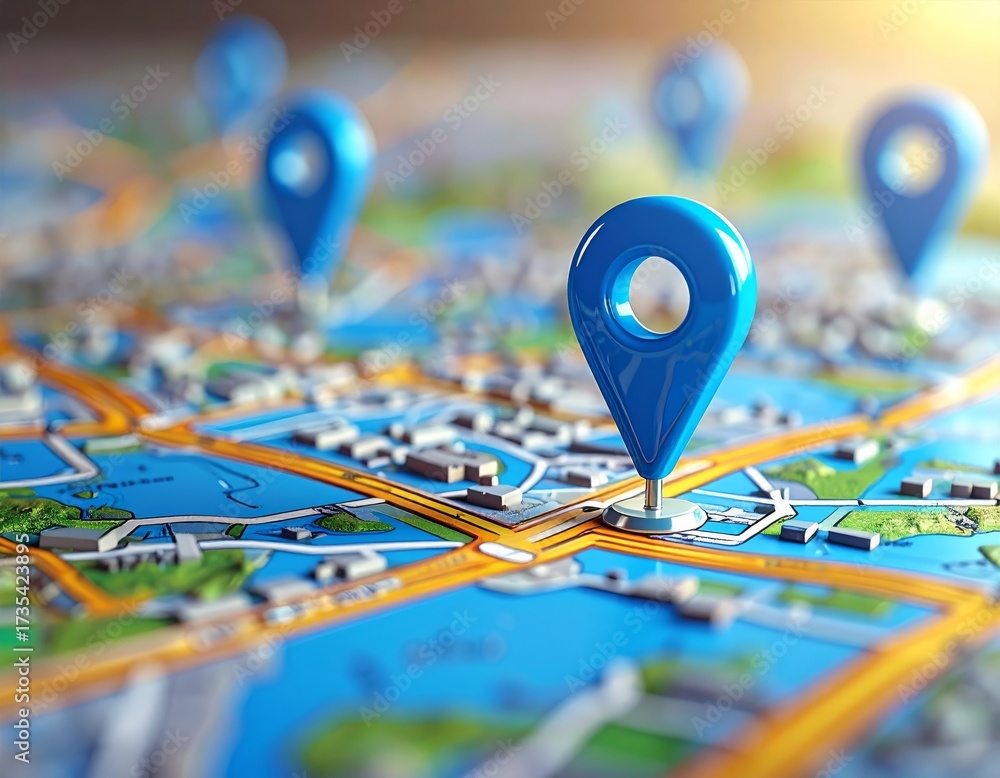 City map with pins and location icons as an illustration for navigation ...