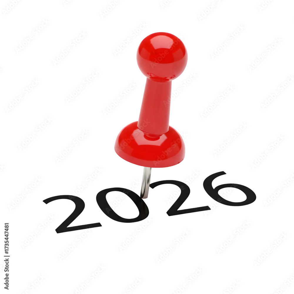 Red pushpin marking the year 2026, symbolizing future planning, goal ...