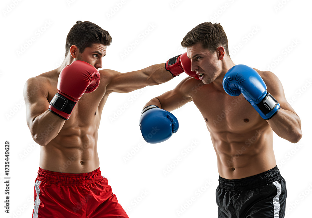 Two boxers sparring during a fight, showing their athletic build and ...