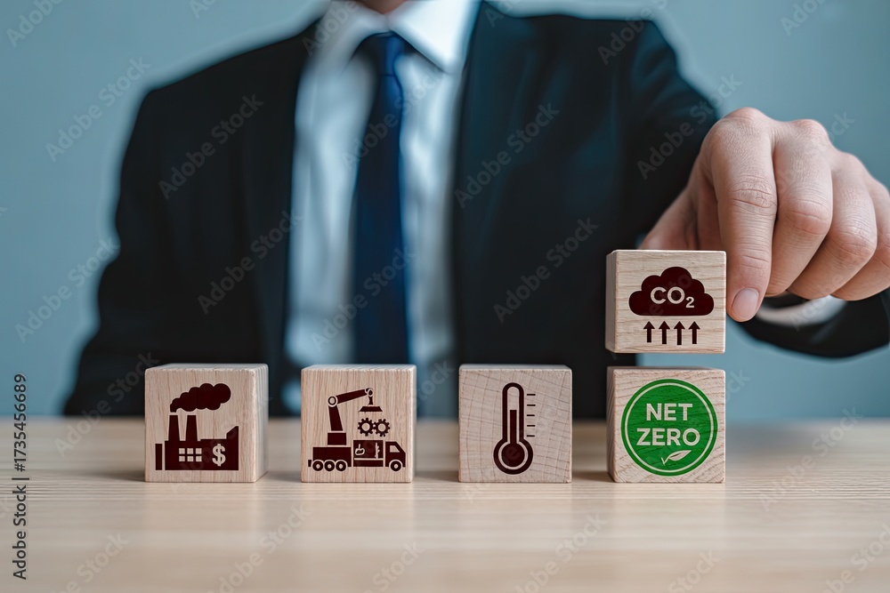 Businessman builds positive climate change steps with net zero concept ...
