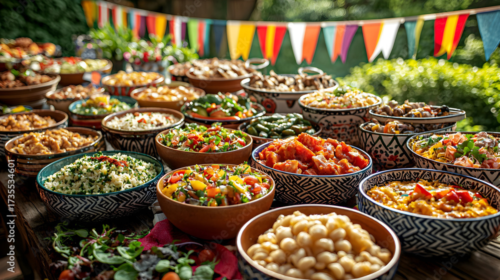Festive buffet table filled with international cuisine in bowls ...