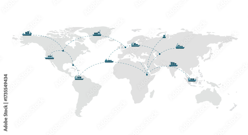 World map illustration showcasing shipping routes with dashed lines and ...