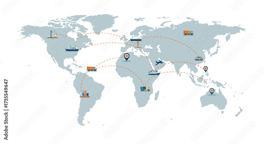 World map showing logistics routes with cargo ships planes and trucks ...