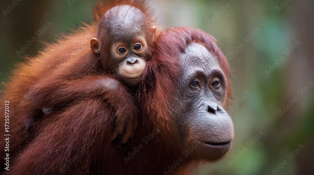 Orangutan mother with child in natural rainforest habitat, showing ...
