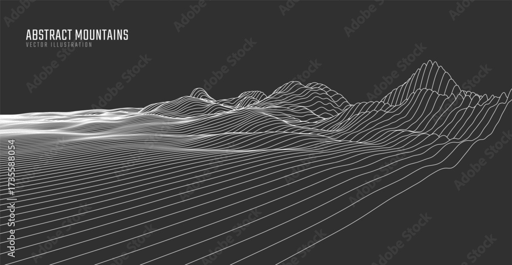 Contour mountain landscape. Waved line art. Abstract minimal ...
