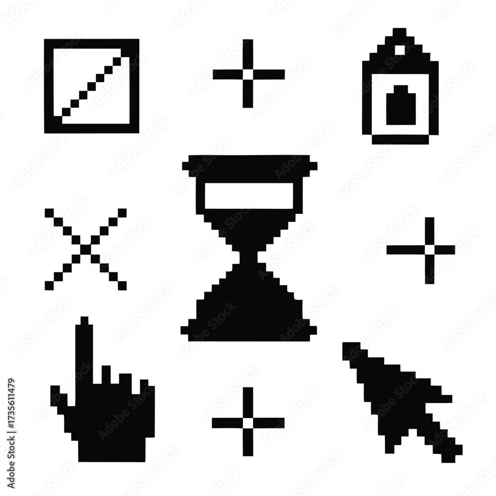 Assortment of pixelated icons including cursors, an hourglass, and ...