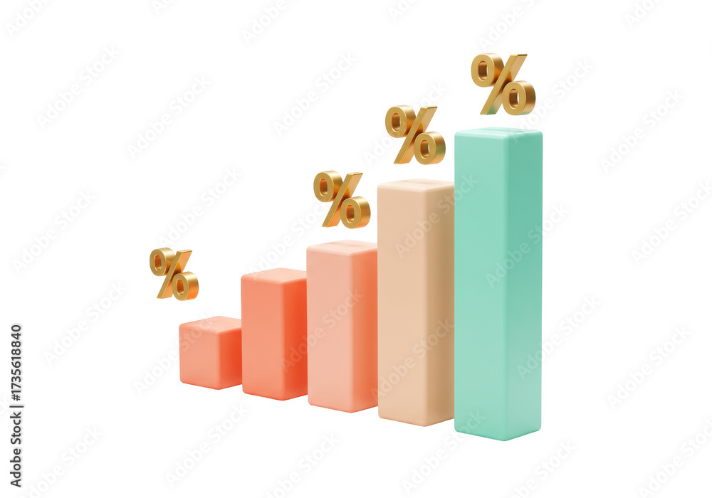 Rising bar graph with percentage signs isolated on transparent ...