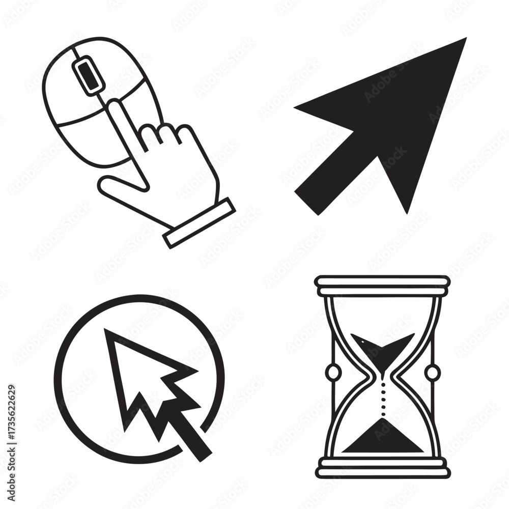 Four computer cursor icons including a mouse click, a solid arrow, a ...