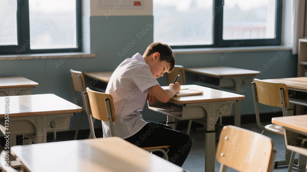 Schoolboy slouching at school desk with poor posture under natural ...