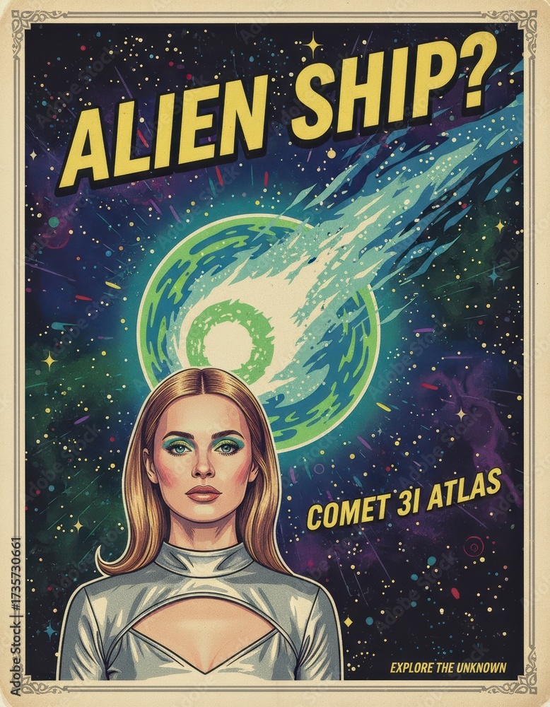 Vintage poster: comet 3I ATLAS Alien Ship? with futuristic woman ...