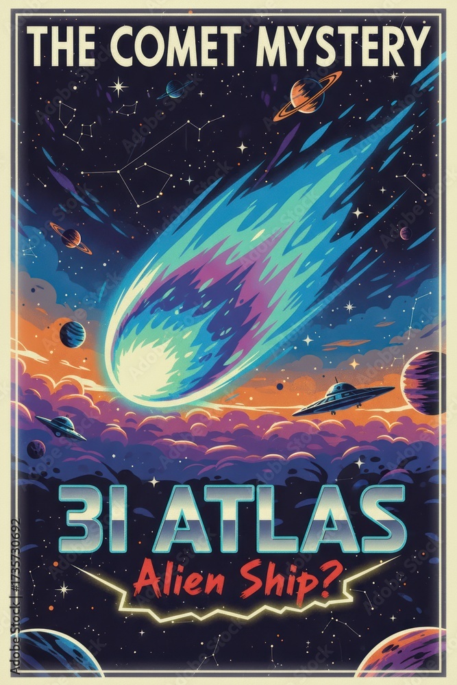 Retro sci-fi poster: colorful comet 3I ATLAS Alien Ship? rendered in ...