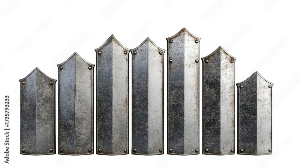 Row of seven medieval armor plates standing upright against a on ...