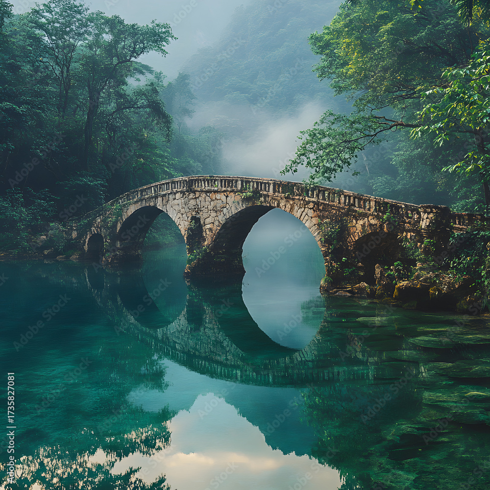 Expansive wide-angle view of a centuries-old stone bridge spanning a ...