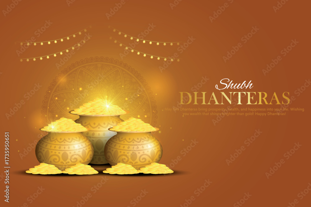 Happy Dhanteras poster template design with gold coin in pot and ...