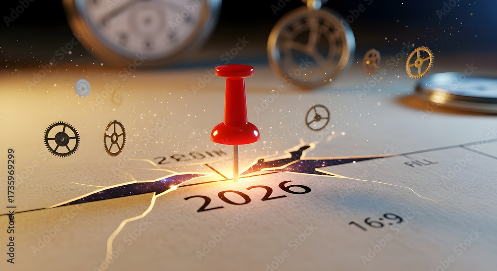 Ilustración de Stock Red push pin stuck and marking the year "2026" on a calendar, planner brown ...