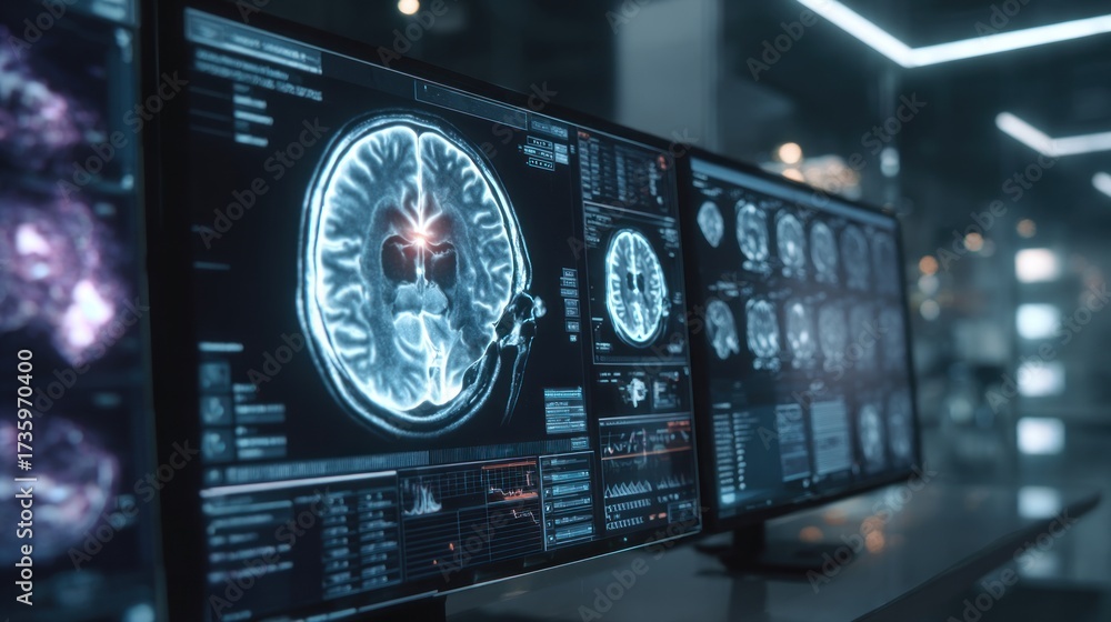 Magnetic Resonance Imaging brain scans displayed on multiple computer ...