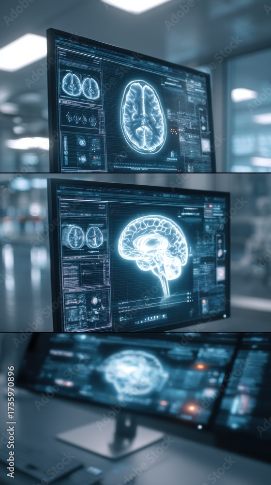 Magnetic Resonance Imaging brain scans displayed on multiple computer ...