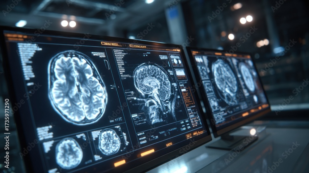Magnetic Resonance Imaging brain scans displayed on multiple computer ...