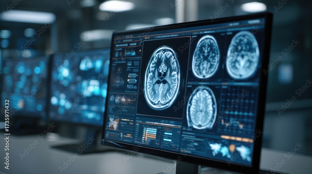 Magnetic Resonance Imaging brain scans displayed on multiple computer ...