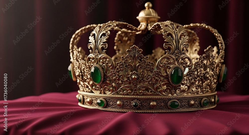 Golden Crown with Emeralds on Royal Fabric, Symbol of Royalty and ...