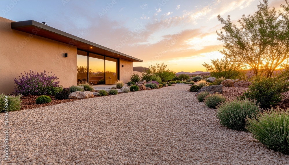 Stock-Foto „Stunning desert landscape home exterior at sunset with ...