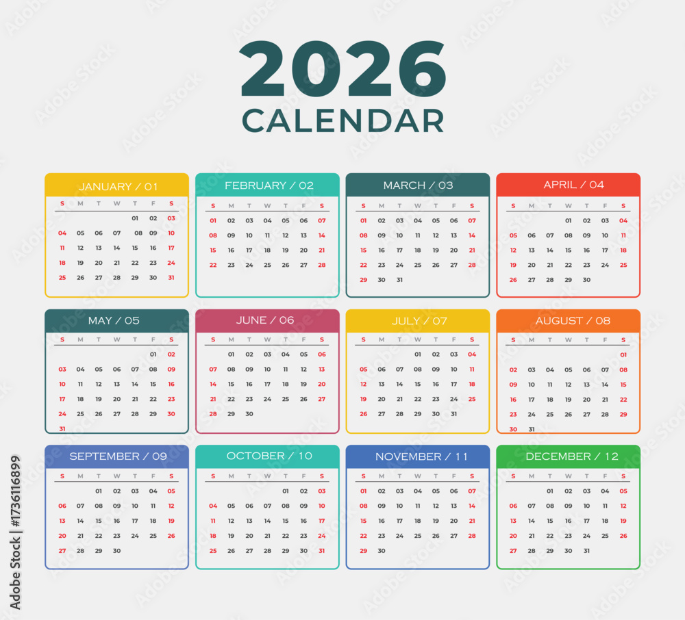 Calendar 2026 year - vector illustration. Week starts on Monday ...