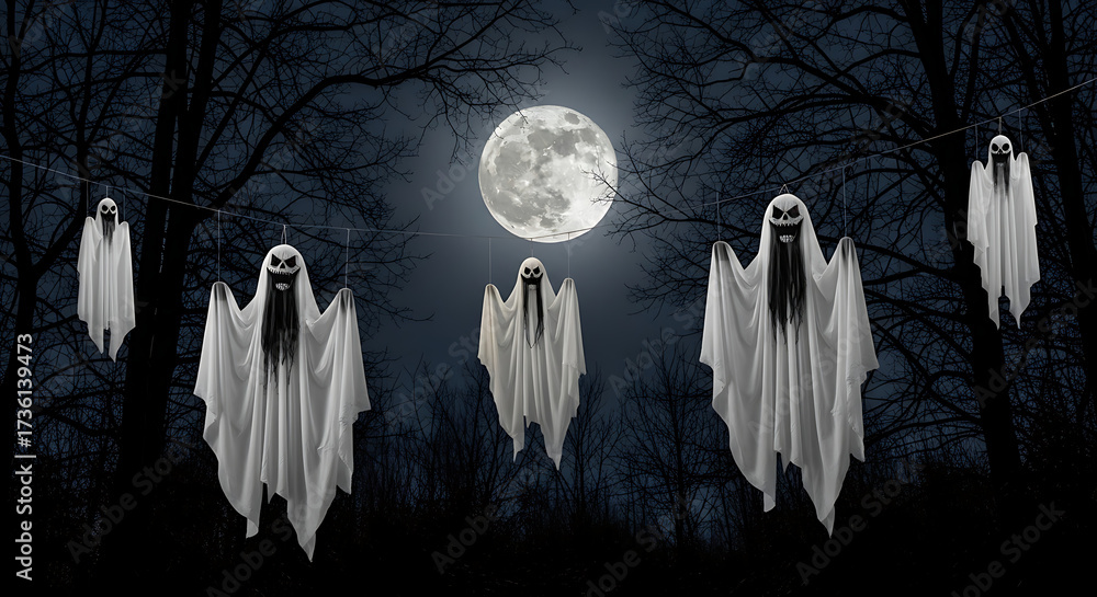 Halloween ghosts hanging in the night with a full moon and spooky trees ...