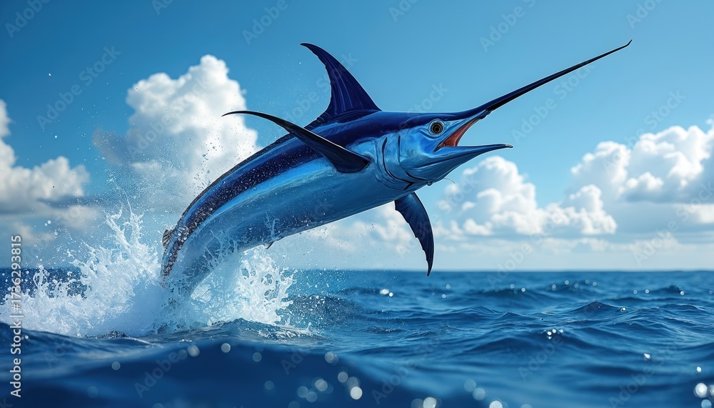 Big blue marlin leaps high from ocean water, creating splash. Game fish ...
