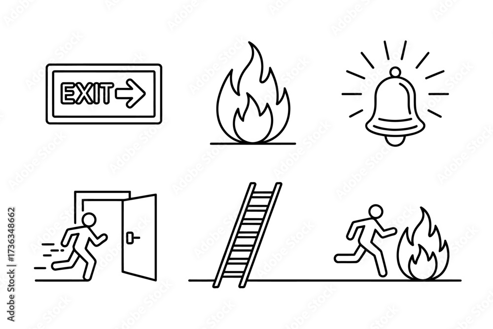 Fire safety evacuation plan icons in line style emergency exit fire ...