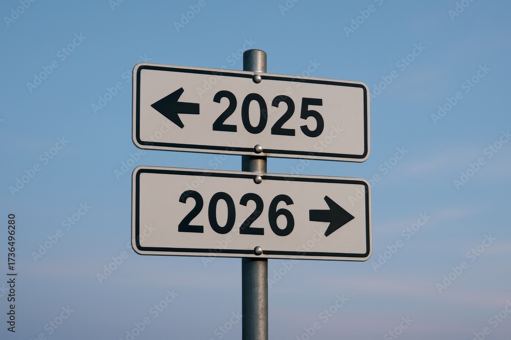 Road sign showing arrows to 2025 and 2026 against blue sky symbolizing ...