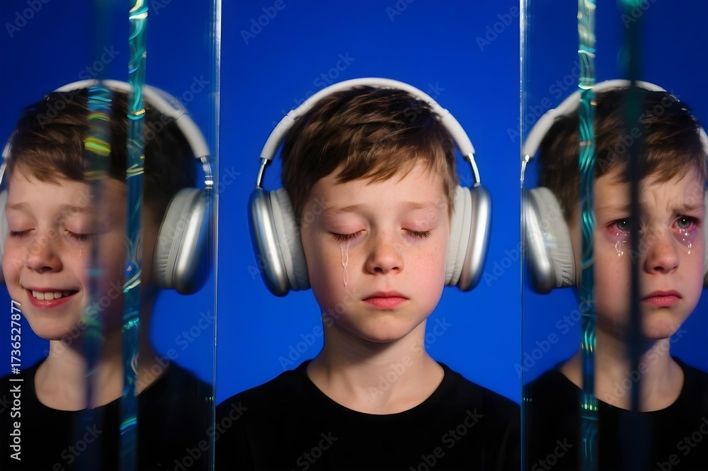 Neurodivergent kid boy with headphones and closed eyes fragmented in ...