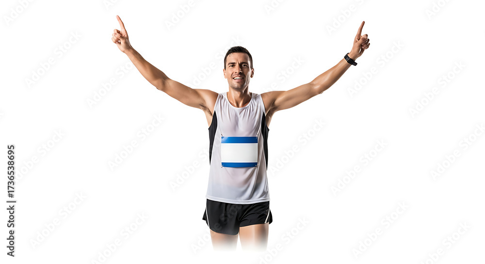 Triumphant runner crossing the finish line with arms raised in victory ...
