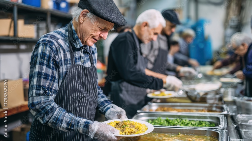 Volunteers serving food to a line of people in a soup kitchen, offering ...