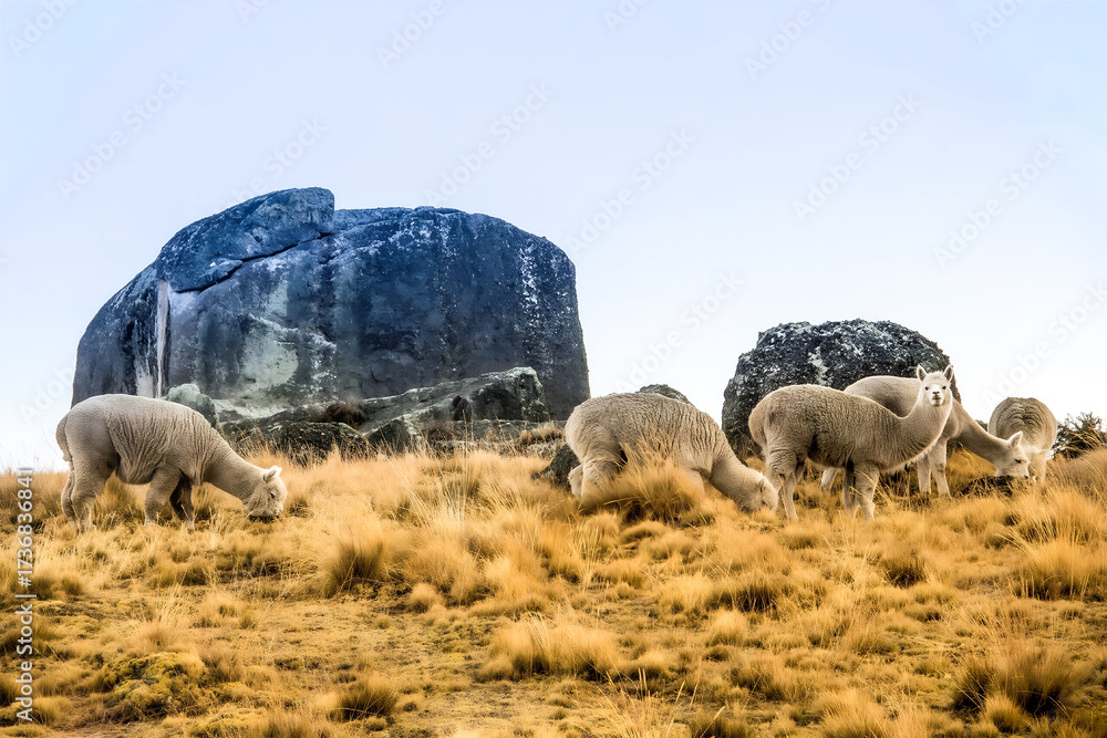 Grupo de alpacas pastando en las alturas de Puno, Perú, con un paisaje ...