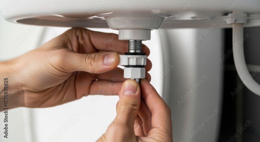 Handtightening a lock nut on a toilet fill valve kit under the tank to ...