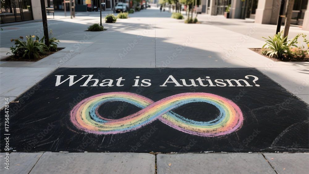 Sidewalk text reading What Is Autism with rainbow infinity symbol in ...
