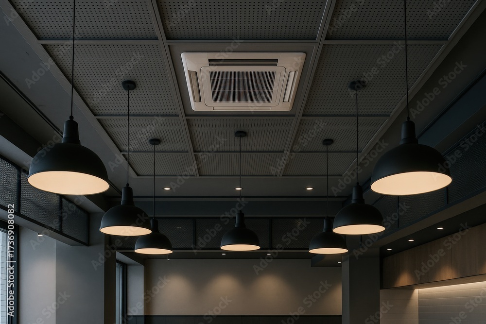 Modern Interior Design with Pendant Lights and Grid Ceiling Featuring ...