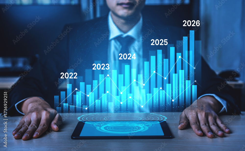 Foto Business bar chart and line graph showing yearly business growth from 2022 to new year 2026 ...