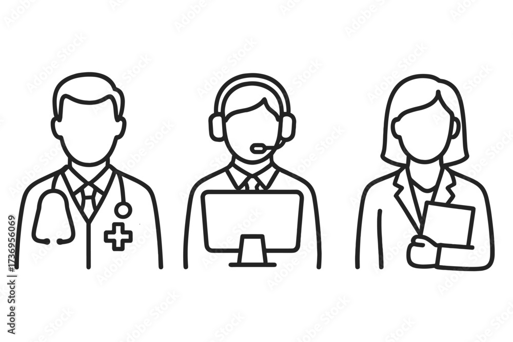 Set of professional avatars line icons. Doctor, call center operator ...