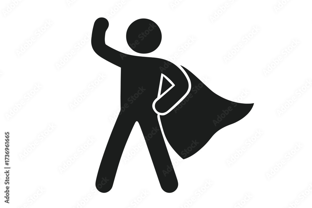 Stick figure superhero character with cape in heroic pose. Vector icon ...