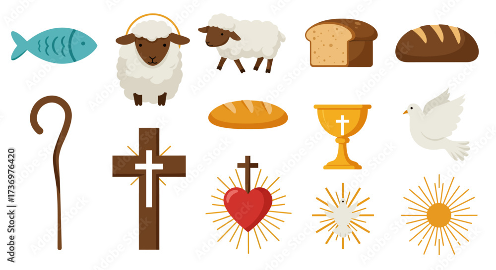 Depicts religious symbols cross fish shepherds crook chalice doves ...