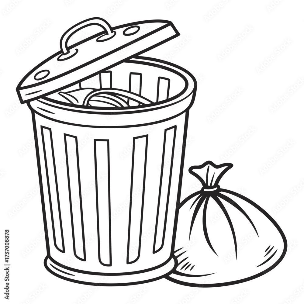 Simple black and white line drawing of an open trash can with a full ...