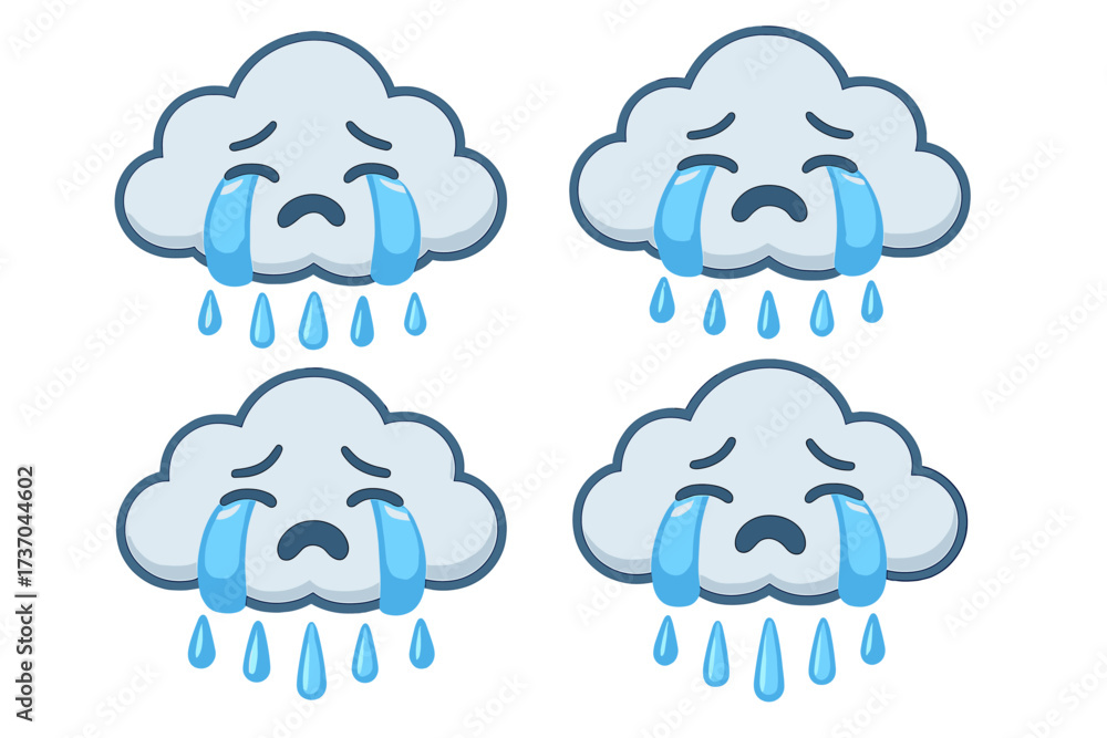 Crying cloud character emoticon set. Sad emoji with tears. Unhappy ...